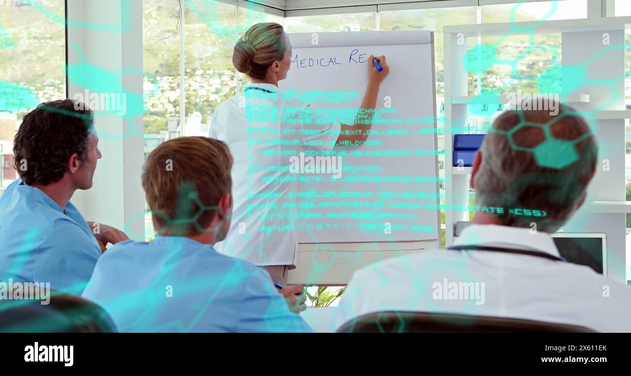 Image of data processing against caucasian female doctors giving a ...