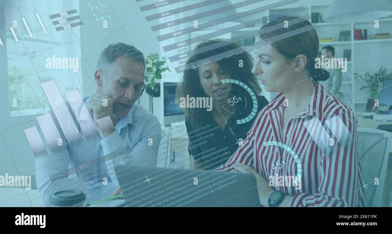 Image of data processing over diverse people working in office Stock ...