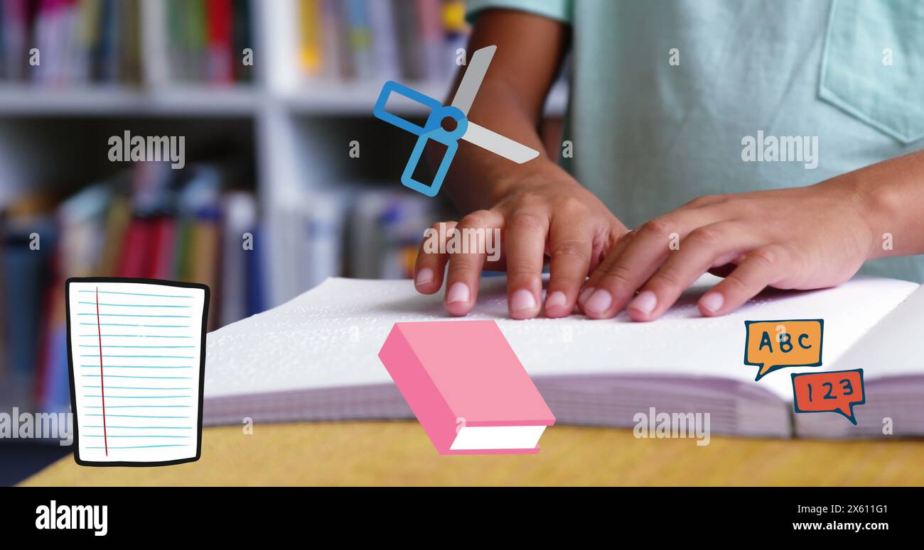 Image of school items icons over schoolboy reading braille Stock Photo ...