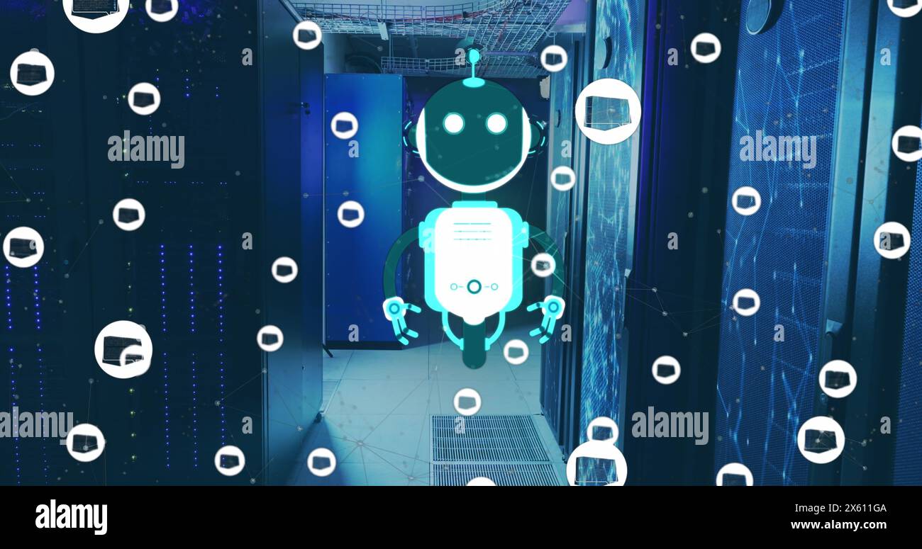 Image of ai chat bot and icons over computer server background Stock ...