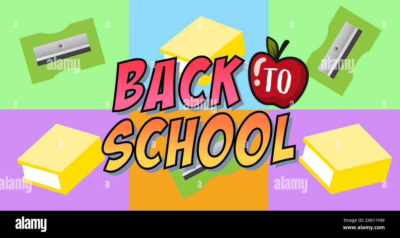 Image of back to school text with school items icons on colourful ...
