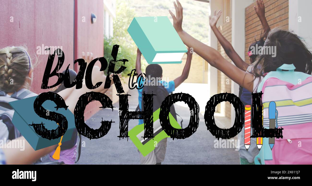 Image of back to school text with school icons over school children ...