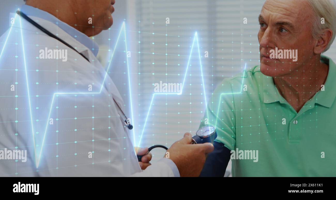 Image of heart rate monitor over caucasian male doctor checking blood ...