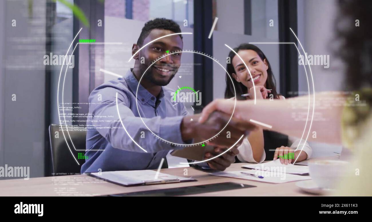 Image of circles and computer language over diverse entrepreneurs ...