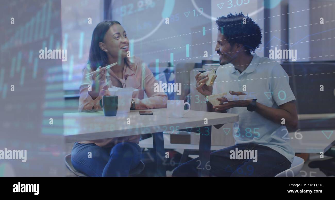 Image of graphs, trading board, loading circles, diverse coworkers discussing during lunch break ...