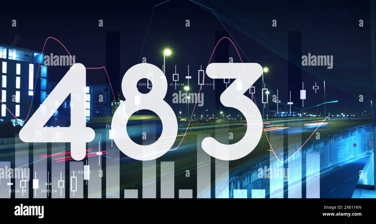 Image of changing numbers, graphs, time lapse of moving vehicles against modern buildings Stock ...