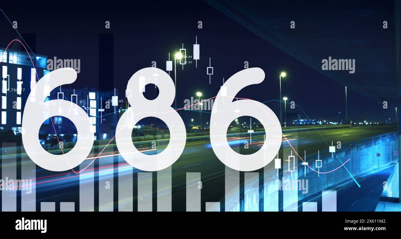 Image of changing numbers, graphs, time lapse of moving vehicles against modern buildings ...