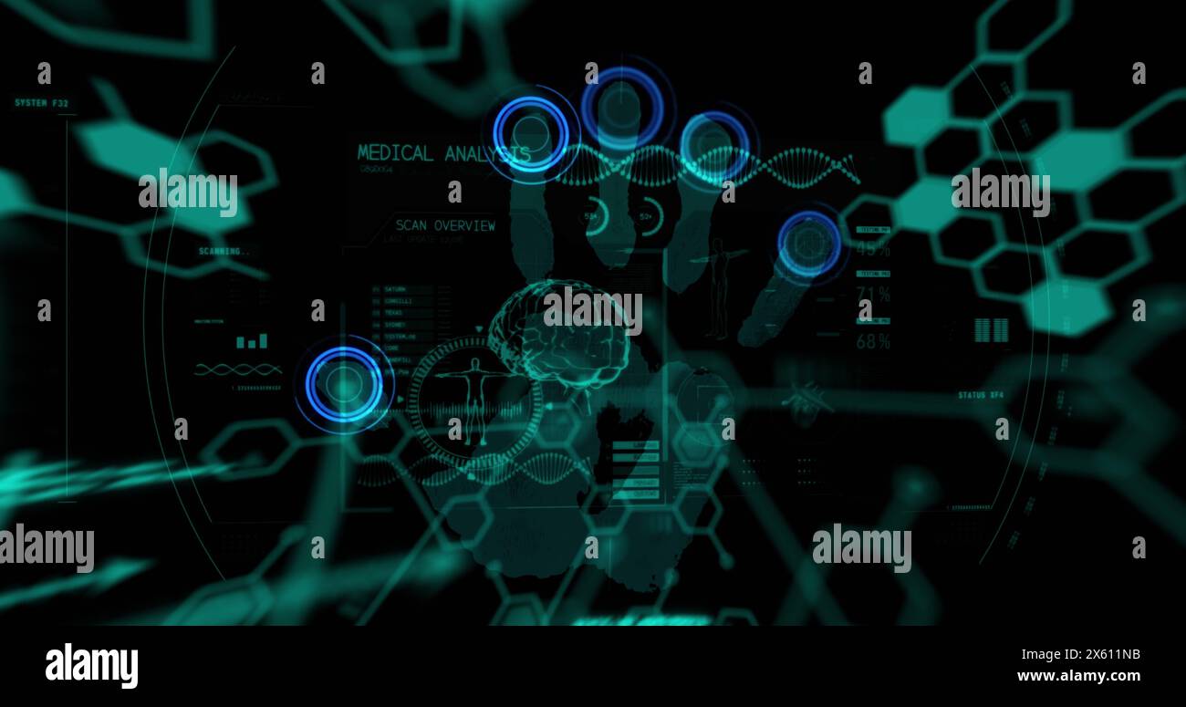 Image of dna strand spinning and data processing over biometric ...