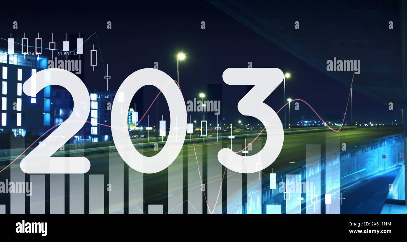 Image of changing numbers, graphs, time lapse of moving vehicles against modern buildings Stock ...