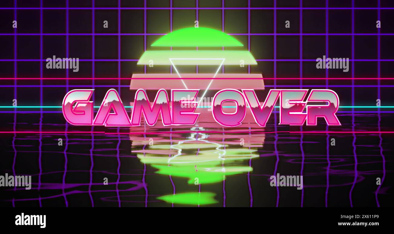 Image of game over text, grid pattern sea against triangle on sun on black background Stock ...