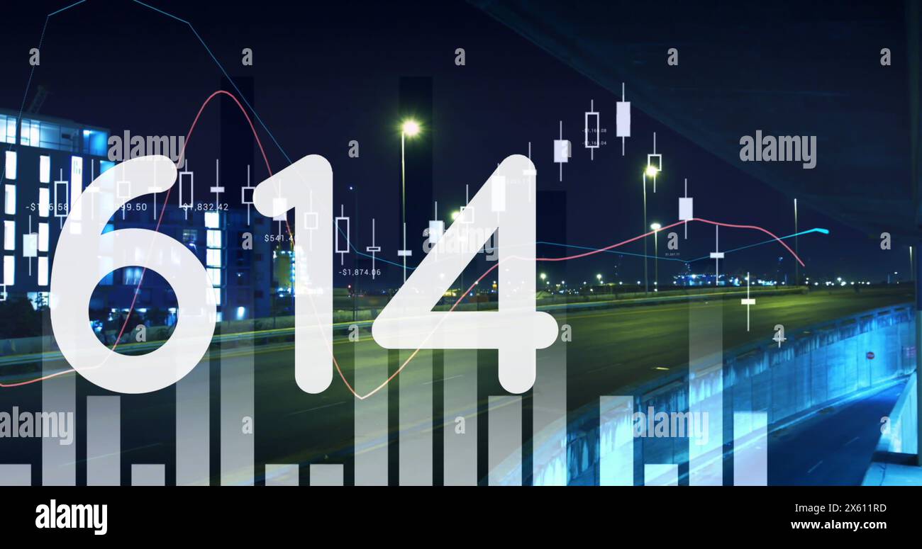 Image of changing numbers, graphs, time lapse of moving vehicles against modern buildings Stock ...
