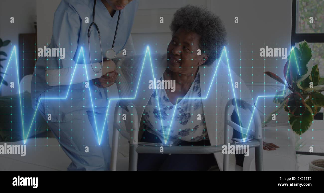 Image of heart rate monitor over diverse female healthworker helping ...
