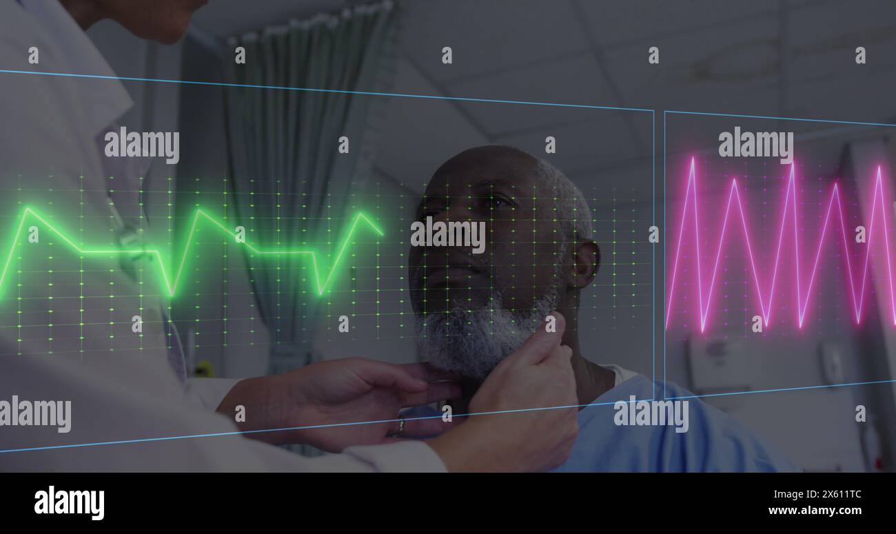 Image of heart rate monitor over female doctor examining the jaw of ...