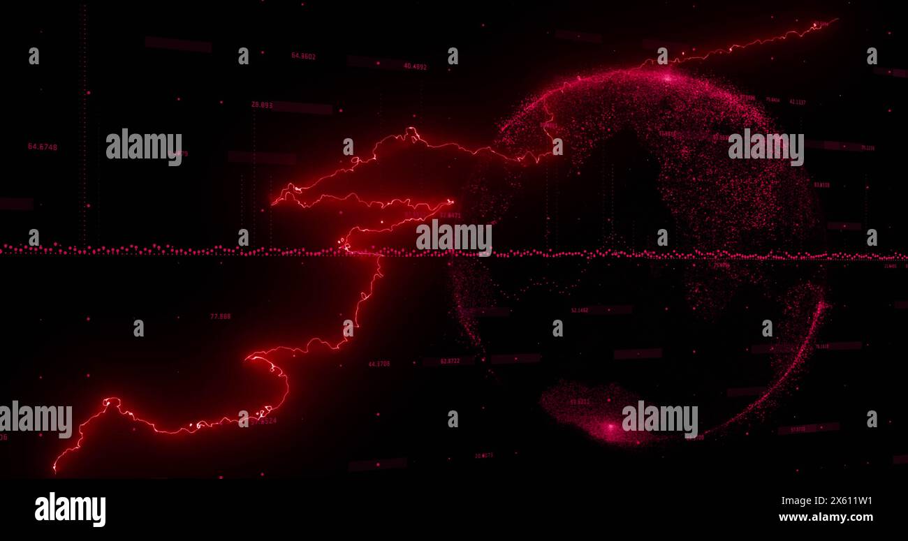 Image of glowing red lightning flashes over red globe and data ...