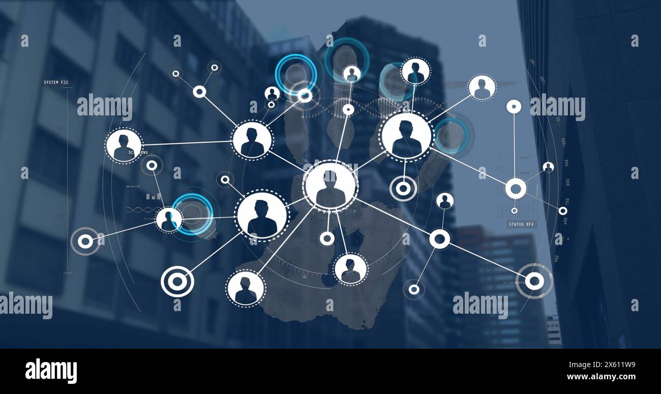 Image of data processing and network of connections over biometric ...
