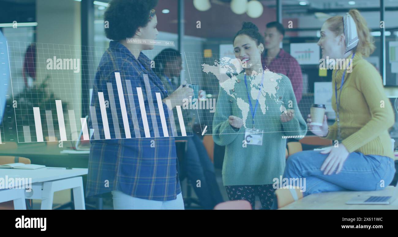 Image Of Statistical Data Processing Against Three Diverse Women Discussing Together At Office