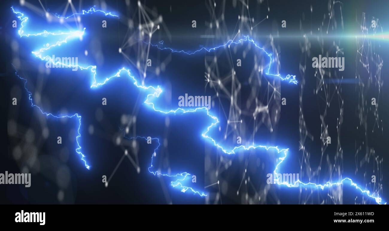 Image of blue electrical flashes over networks of connections on black ...