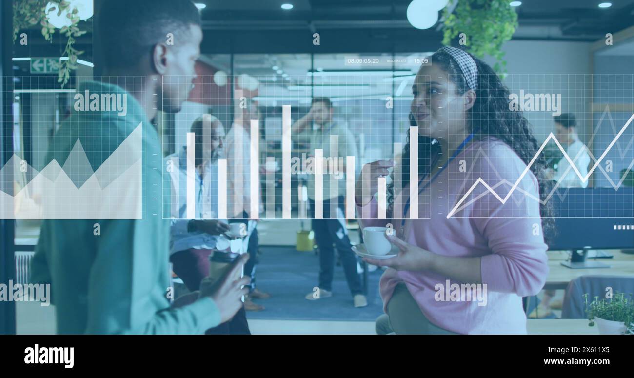 Image Of Statistical Data Processing Against Diverse Man And Woman Discussing At Office Stock