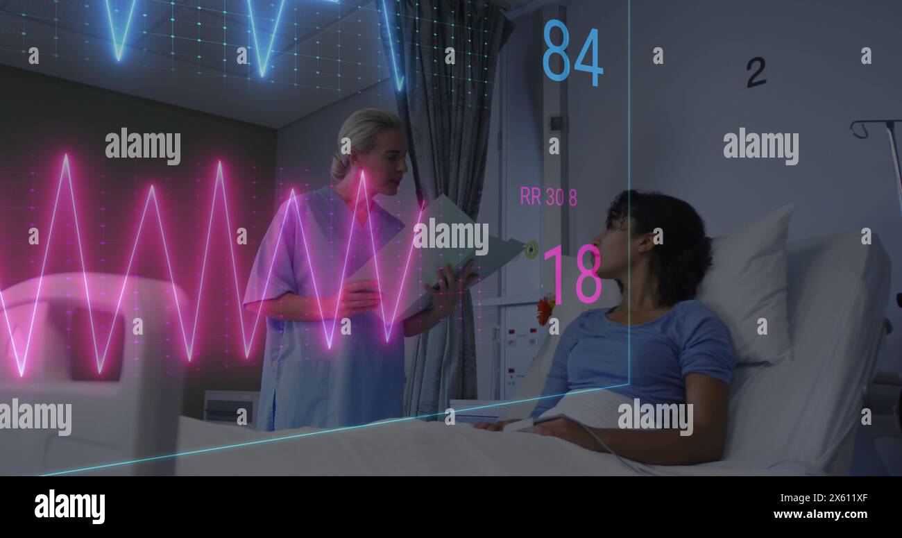 Image of heart rate monitor over diverse female doctor talking to ...