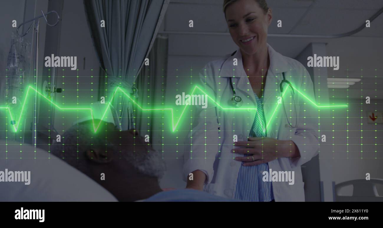 Image of heart rate monitor against diverse female doctor talking to ...
