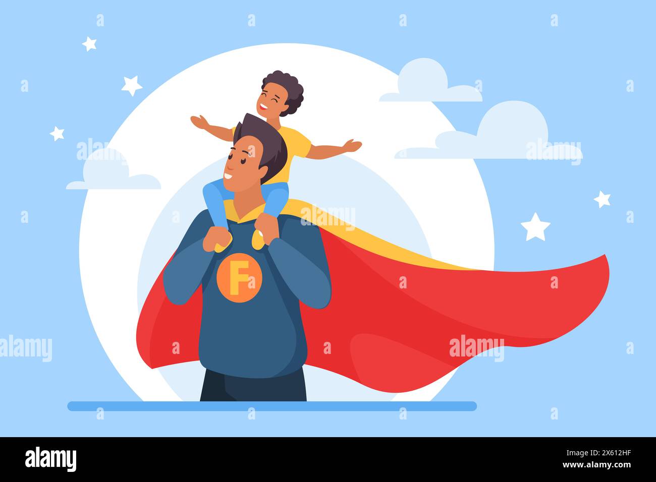 Happy family, dad superhero holding son on shoulders. Super father in hero costume and red cloak ...