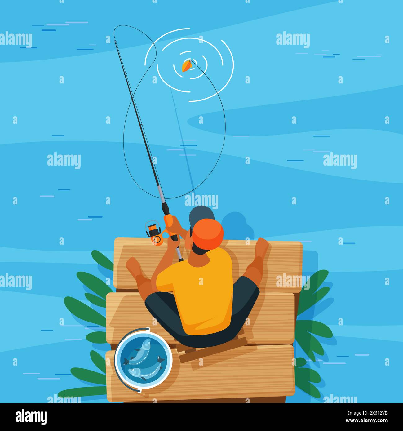 Fisherman catching fish in water from wooden pier, top view of summer ...