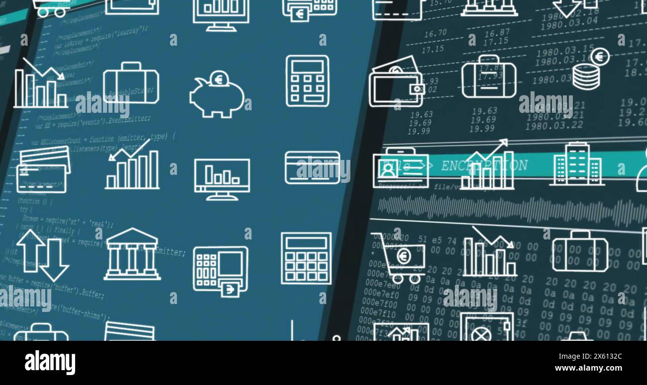 Image of financial data processing and rows of business icons over dark ...