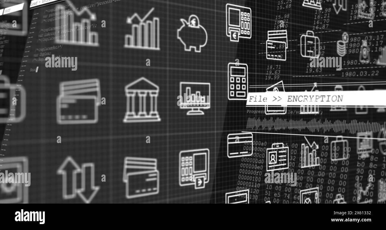Image of financial data processing and rows of business icons over dark ...