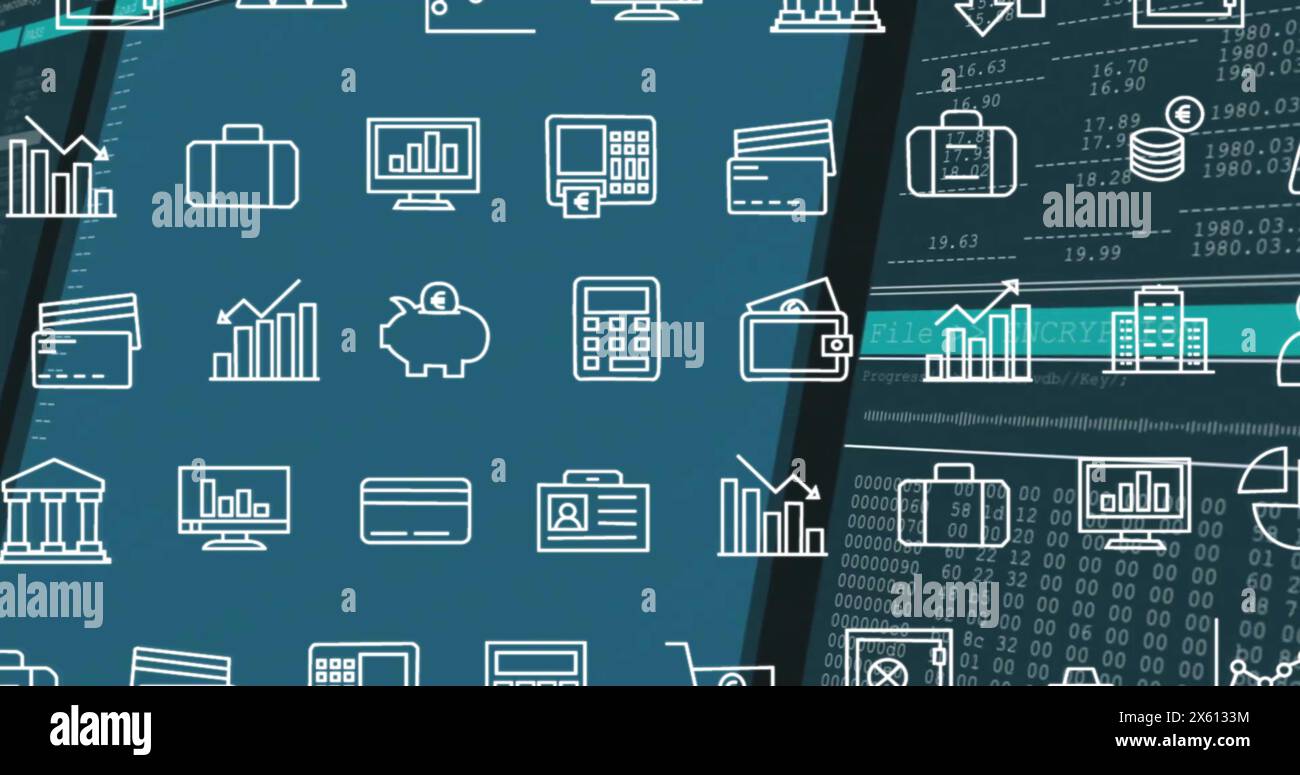 Image of financial data processing and rows of business icons over dark ...