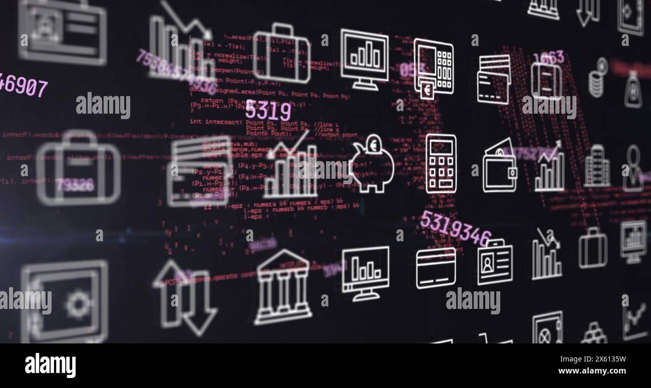 Image of financial data processing and rows of business icons over dark ...