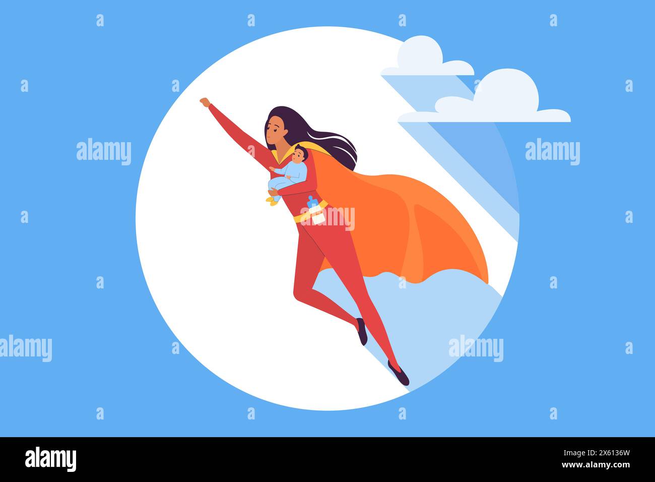 Mother superhero holding baby child and flying up in sky in pose of ...