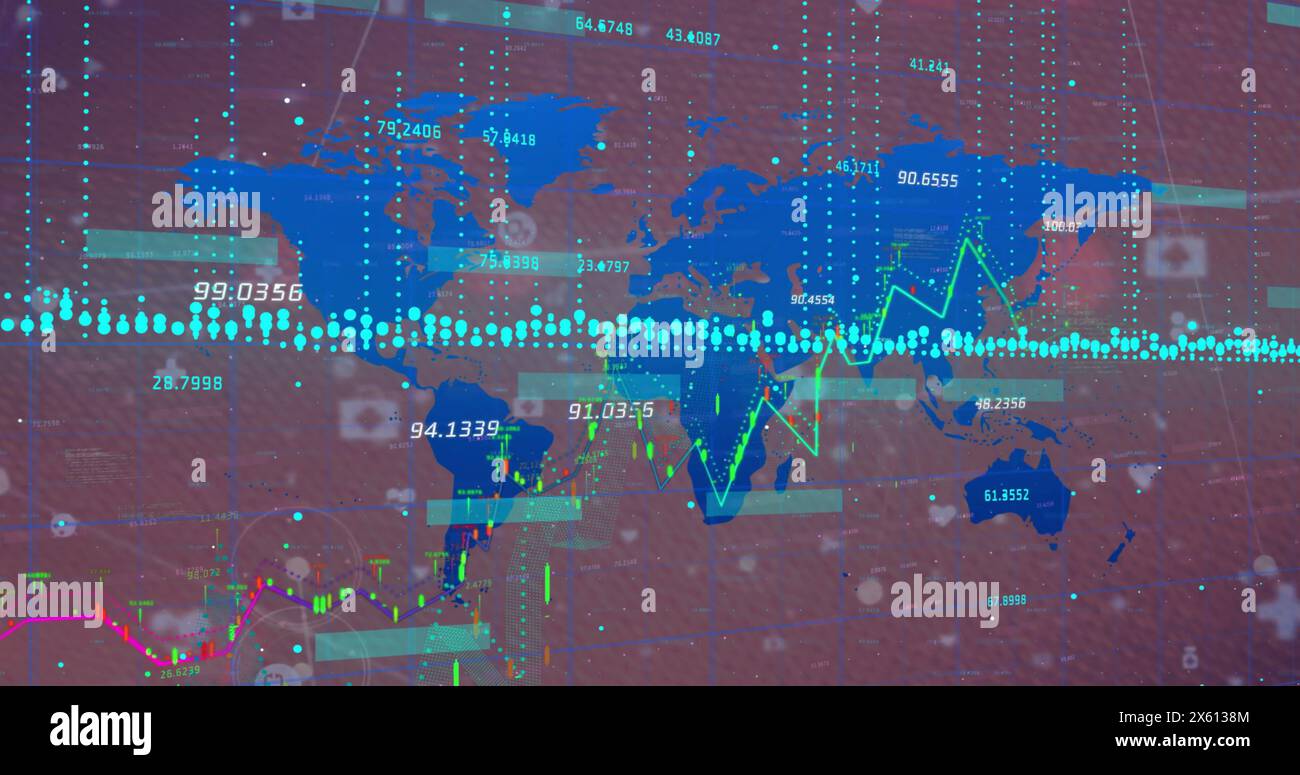 Image of statistic charts and data processing over continents on pink ...