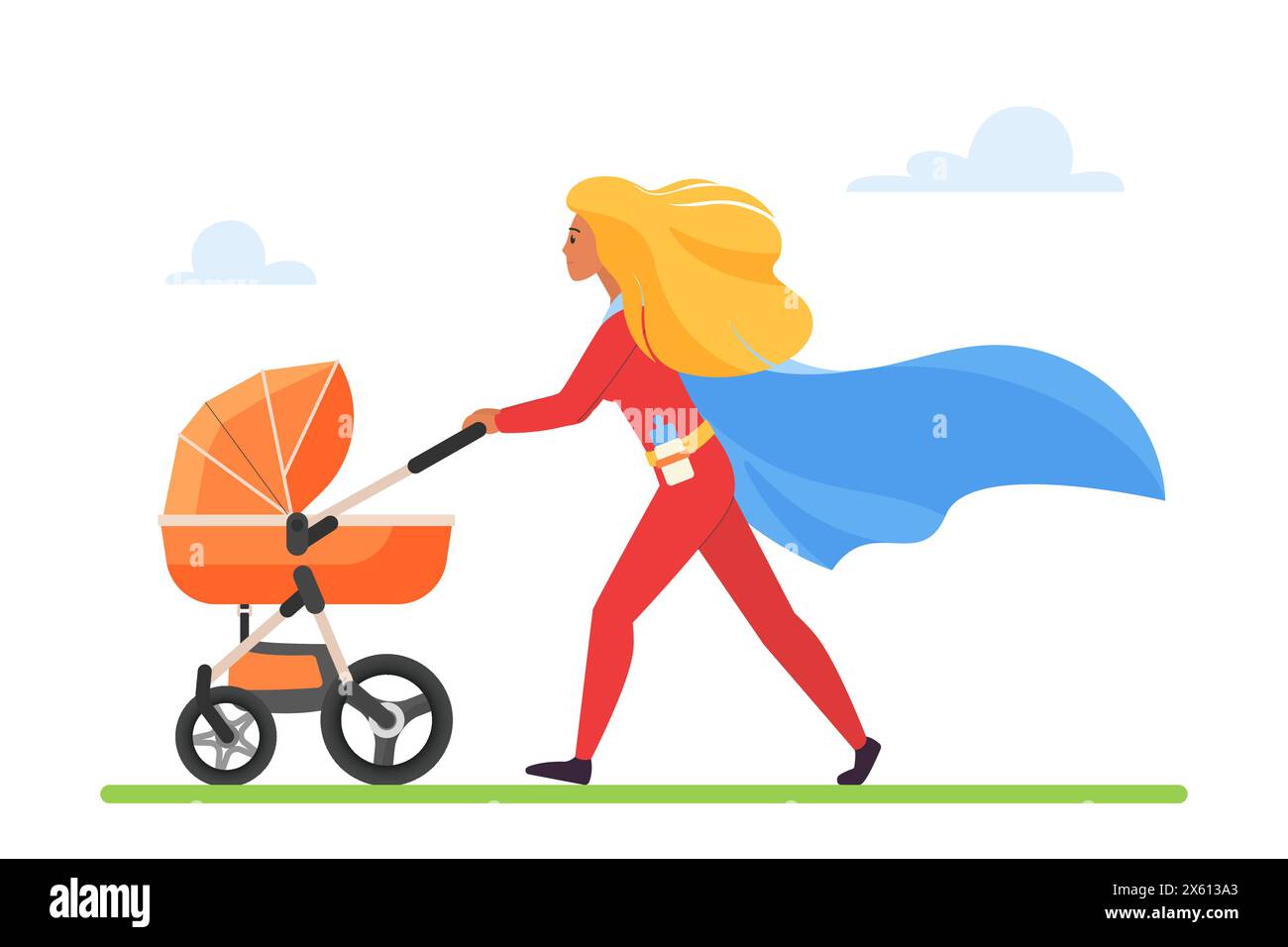 Superhero mother pushing stroller with newborn baby. Strong supermom ...