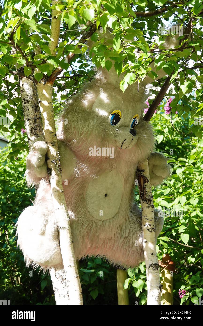 Kyiv, Ukraine April 29, 2024: A large plush hare climbed a tree after ...
