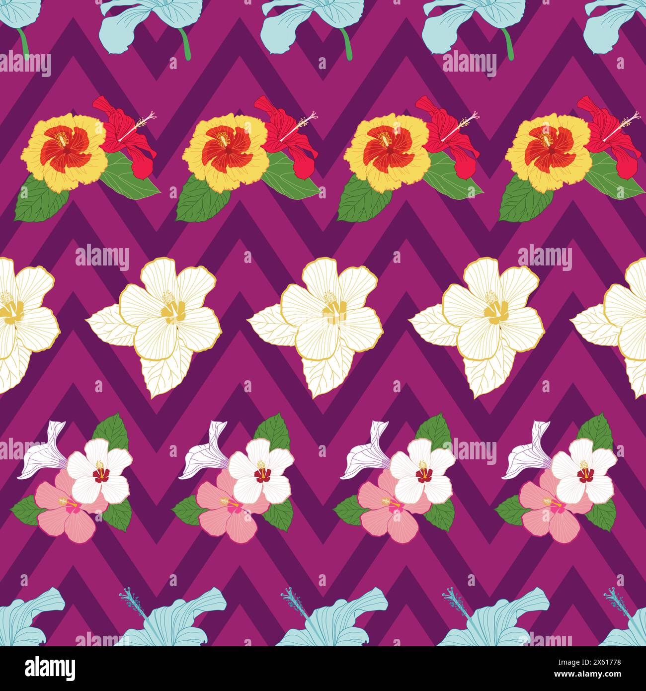 Seamless hibiscus flowers pattern on purple chevron background ...