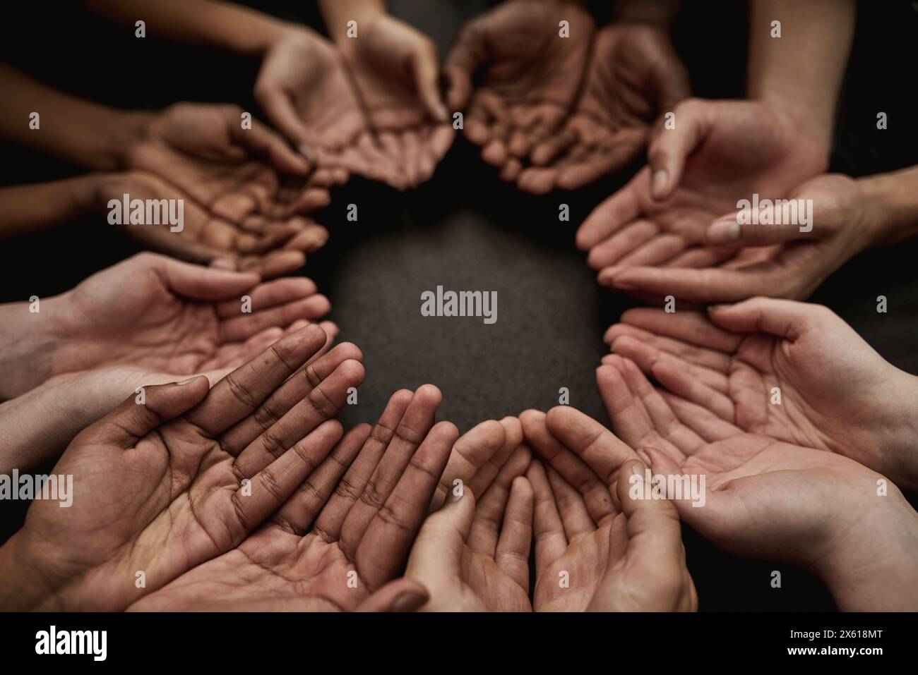 Hands, poverty and prayer with palm for symbol with trust for ...