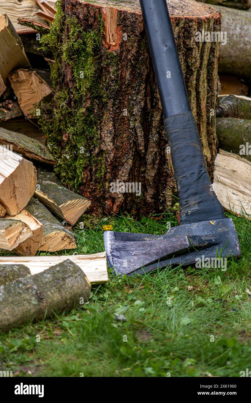 Axe in log. Axe for chopping firewood. Garden tool Stock Photo - Alamy