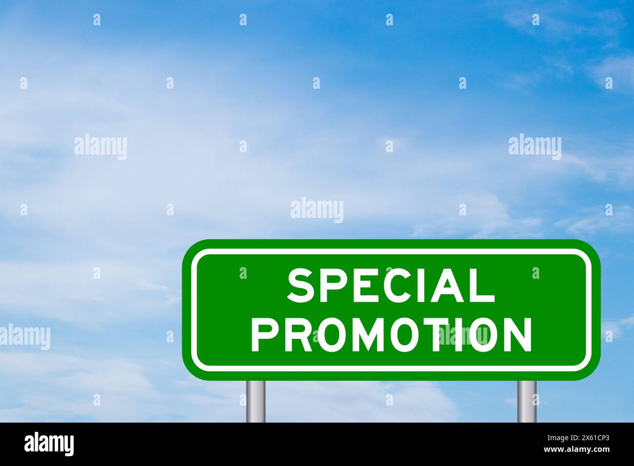 Green color transportation sign with word special promotion on blue sky ...