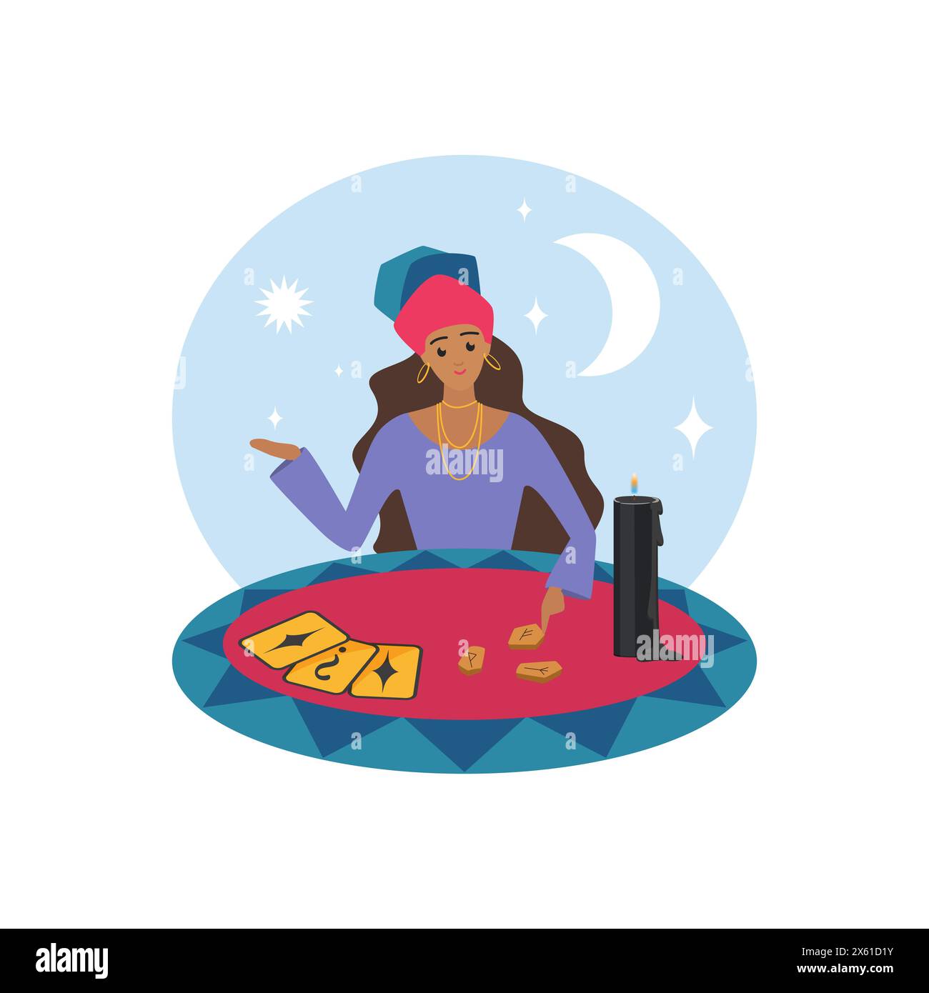 Gypsy fortune teller at round table laying out runes for predicting ...