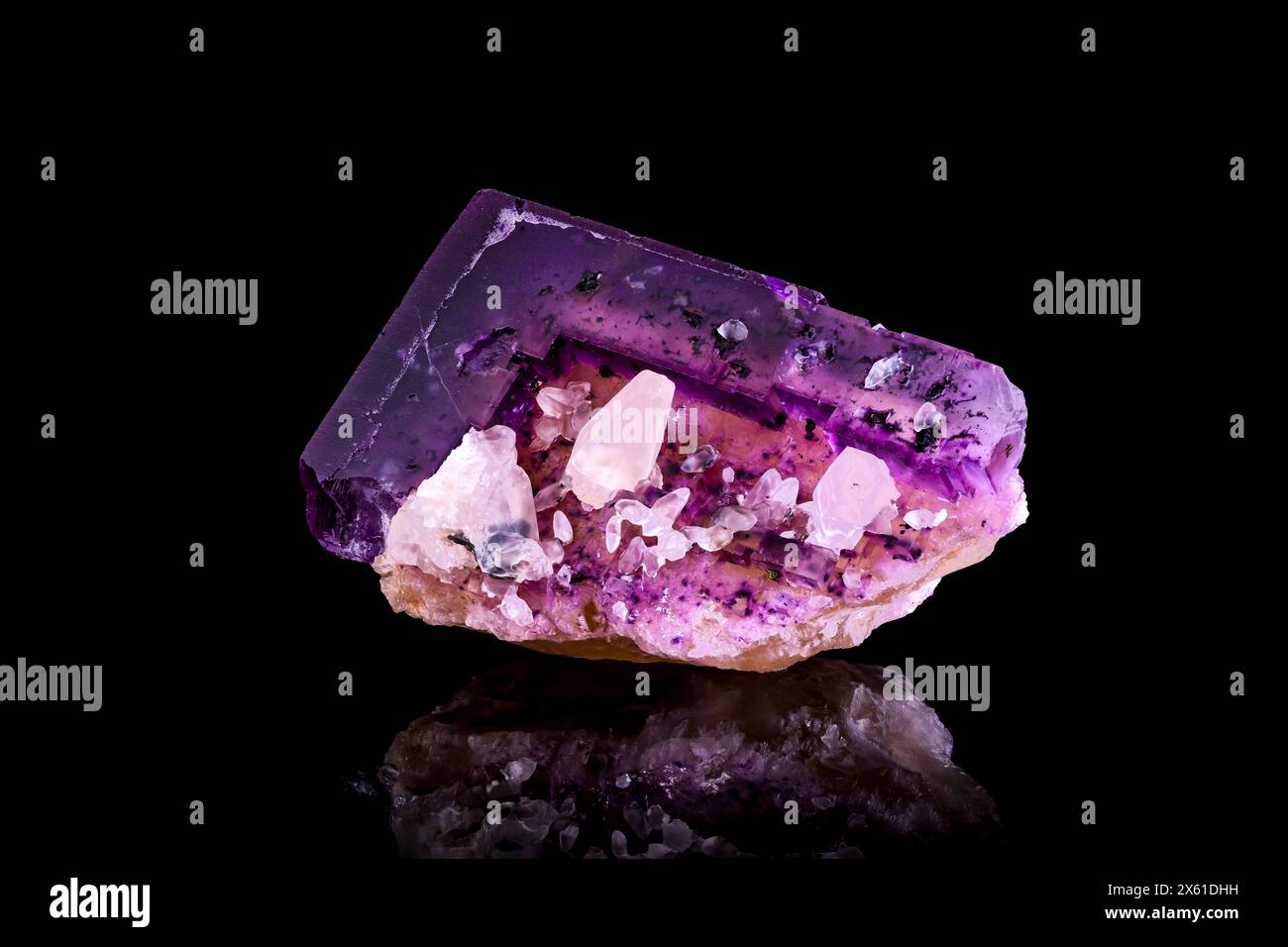 Purple and yellow Fluorite with white calcite photography isolated on ...