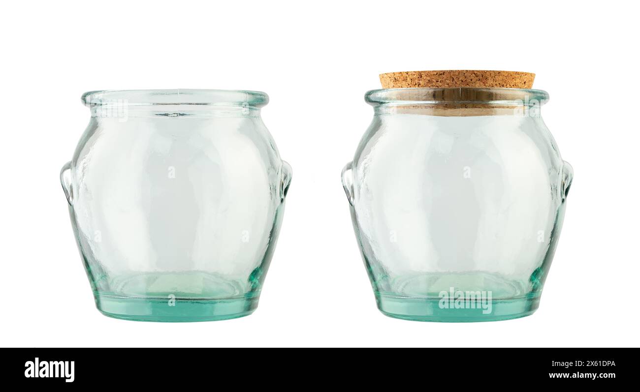 Two empty glass jars, kitchen utensils. Isolated on white background ...