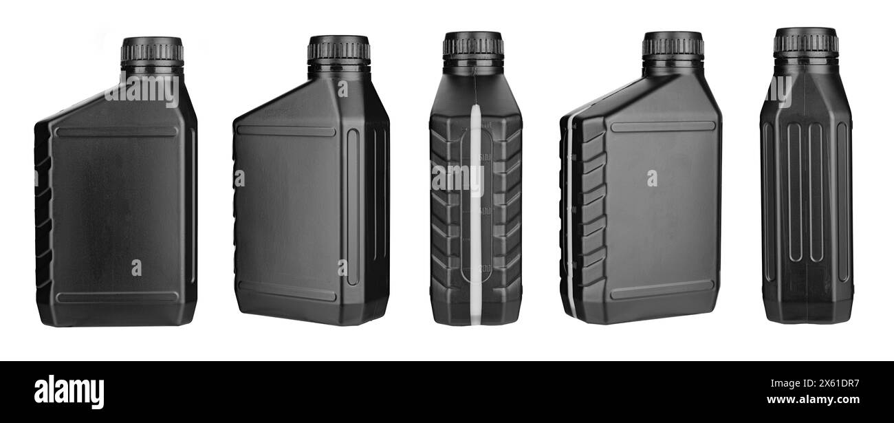 Plastic black containers for engine oil. Set from different angles ...
