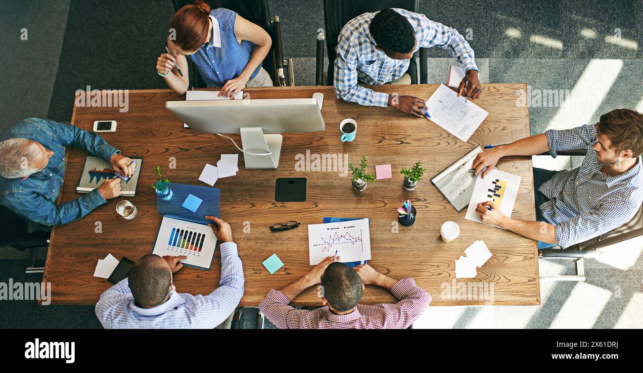 Business people, meeting and top view for office brainstorming with ...