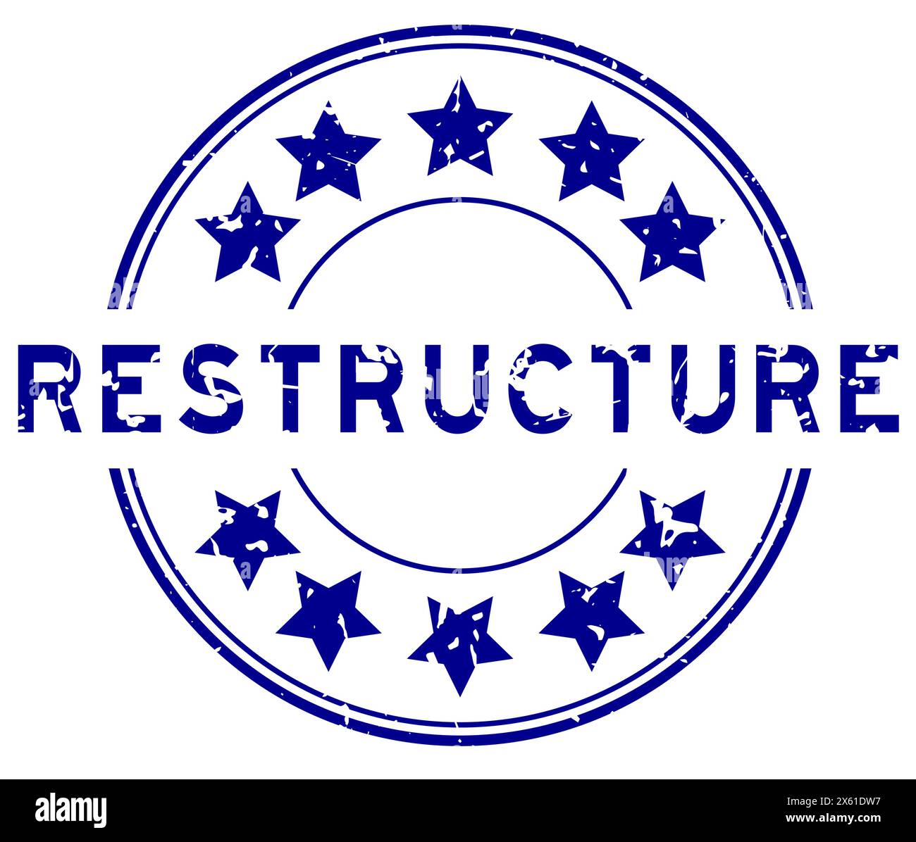 Grunge blue restructure word with star icon round rubber seal stamp on ...