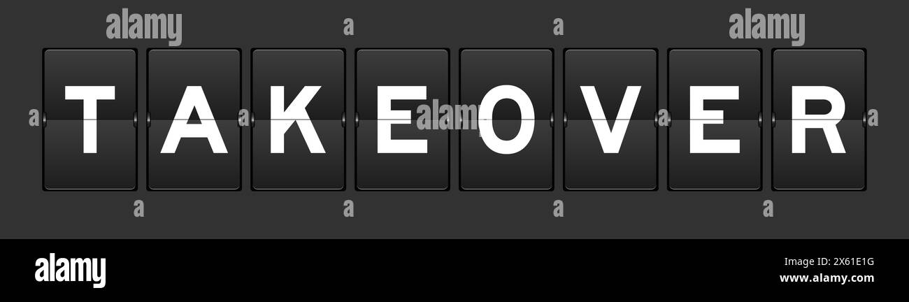 Black color analog flip board with word takeover on gray background ...