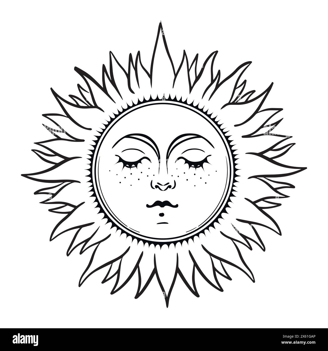 Vintage tarot sun with face with closed eyes and rays, celestial ...