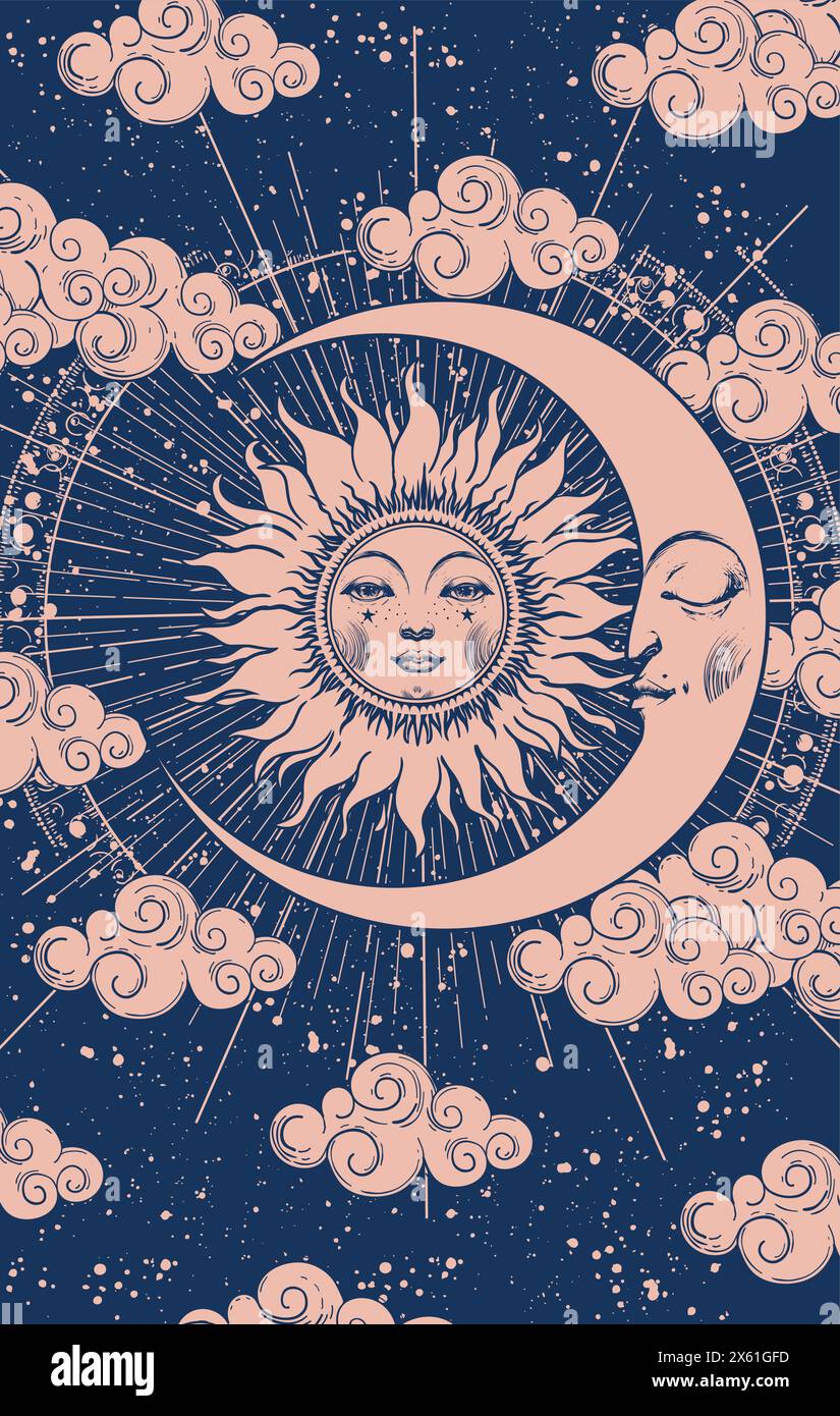 elestial astrology banner with sun and moon with face, vector esoteric ...