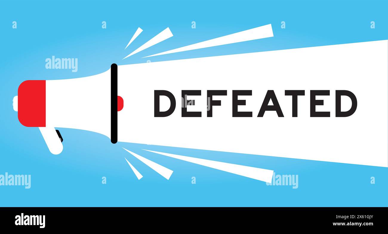 Color megaphone icon with word defeated in white banner on blue ...