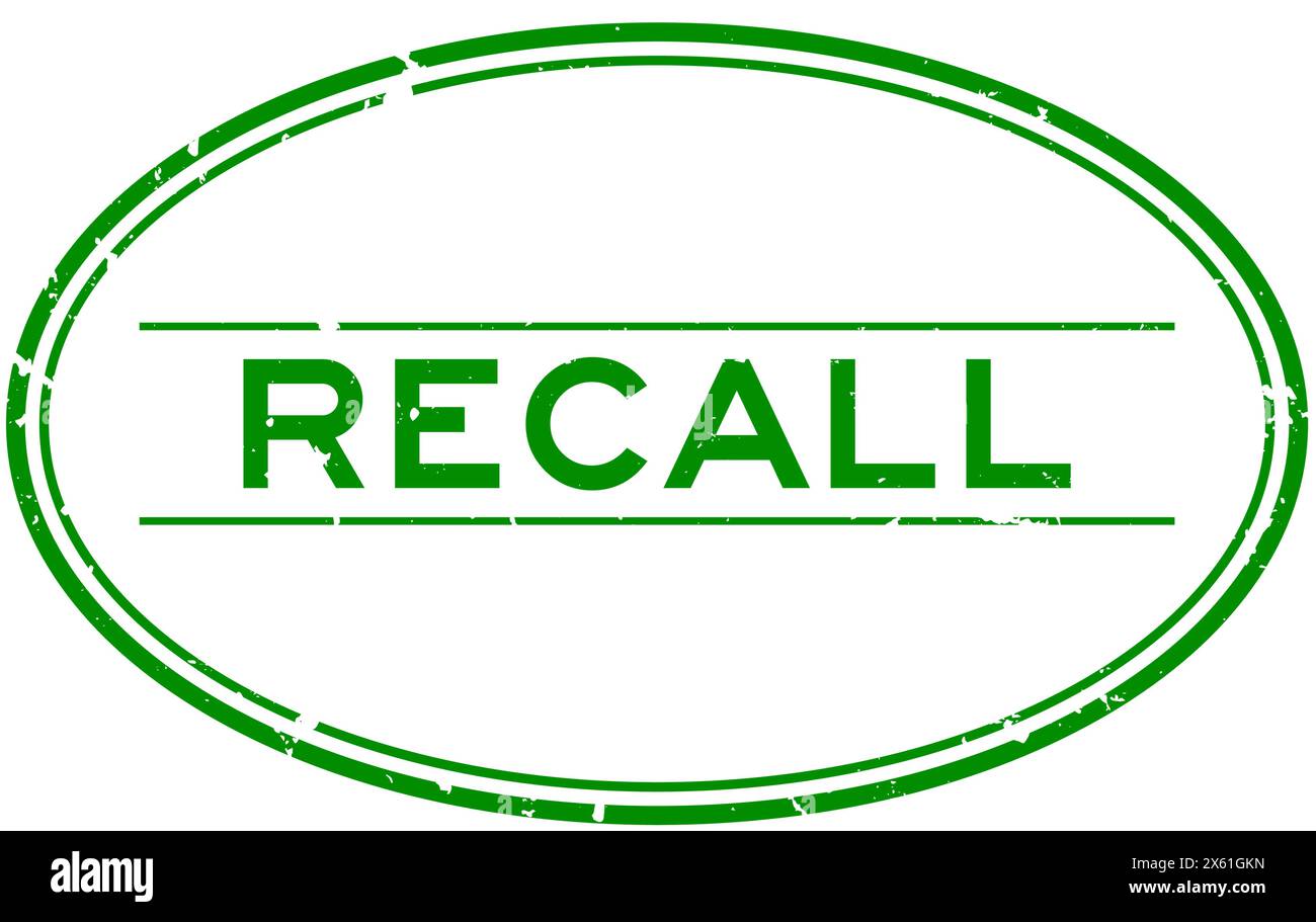 Grunge green recall word oval rubber seal stamp on white background ...