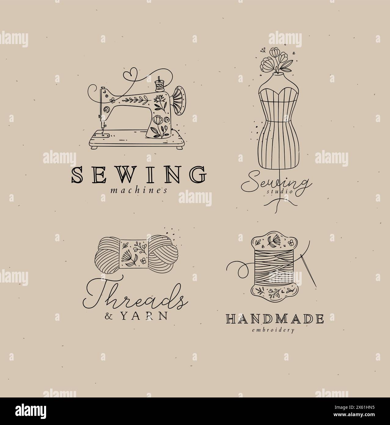Sewing symbols machine, mannequin, wool, thread with lettering drawing ...